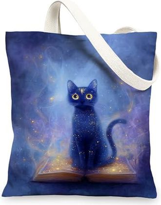 Generic Sac fourre-tout en toile motif chat mystique - Motif ciel nocturne enchanté - Réutilisables - Légers - Lavables, bleu, 13x15 Inch