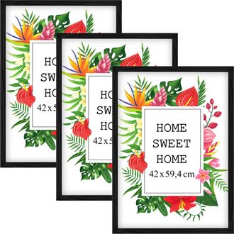 MG Design Set aus 3 Schwarz Bilderrahmen A2 42 x 59,4 cm - Aus echtem Holz mit Acrylglas, zum Aufhängen & Aufstellen, für Fotos, Poster & Puzzle