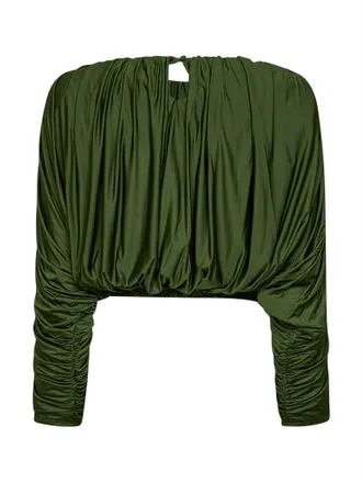 Self Portrait Womens Cropped Top Olive Jersey Green Viscose Tops