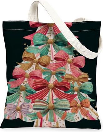 Generic Sacs fourre-tout en toile avec noeuds de No&euml;l, motif ruban d&eacute;coratif, sacs &agrave; provisions r&eacute;utilisables, r&eacute;tro, l&eacute;gers, lavables, noir, 13x15 Inch