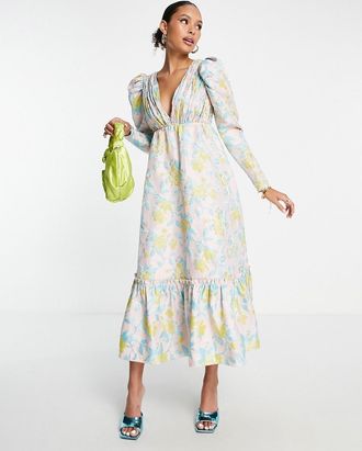 Asos Tailliertes Midikleid mit plissierter Brustpartie und Jacquard-Blumenmuster-Bunt