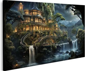 Islandburner Bild auf Leinwand Verzaubertes Schloss am Wasserfall in mystischem Wald für Living Fantasy Spa Bilder Wandbilder Poster