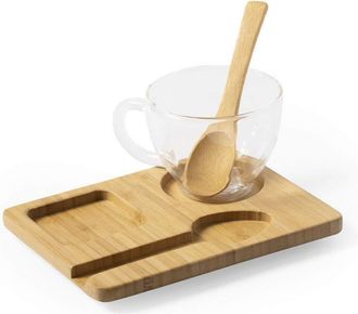 noTrash2003 Serviertablett mit Teetasse Kaffeetasse aus Borosilikatglas Glas Servierboard Tablett aus Bambus mit Löffel und Tasse 180 ml