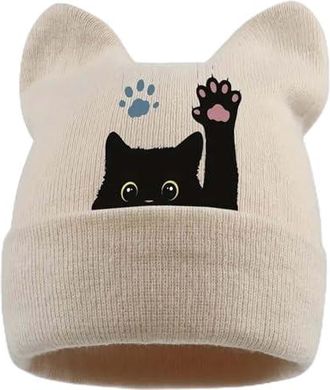 Generic Bonnet Femme Hiver Bonnet Femme Chapeau Femme Hiver Confortable Classique - Broderie Chat Cozy Hiver, Oreilles R&eacute;versibles, Id&eacute;al pour D&eacute;tente &Agrave; La Ma