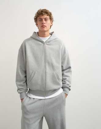 Topman Premium schwerer Hoodie in Boxy-Passform mit durchgehendem Rei&szlig;verschluss in graumeliert