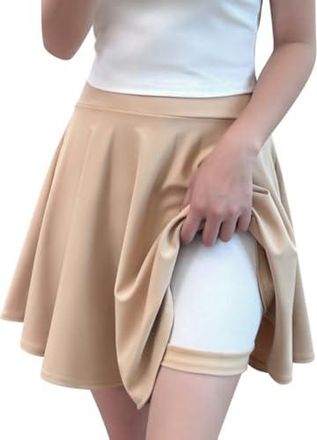 Minetom Femmes Rétro Jupe Basique Plissée Patineuse Fille Elastique A-Ligne Court Mini Jupe Stretch Taille Haute Jupe avec Short A1 Beige S