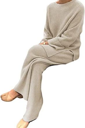 Onsoyours Femme 2 Pcs Pull Ensemble Tricoté Hiver Sweater Top en Maille Sweatshirt Chaud Chandail Sport Pantalon Jambe Large Hiver Ensemble Sportswear Chameau M