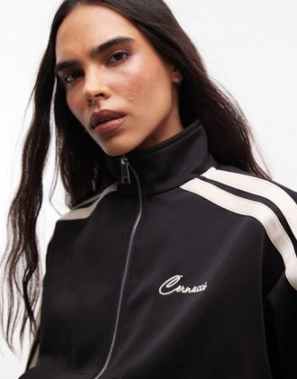 Cernucci Cropped-Jacke in Schwarz mit Stehkragen, Logo und seitlichen Streifen, Kombiteil