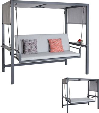 Mendler Alu-Hollywoodschaukel HWC-L47, Gartenschaukel H&auml;ngeschaukel Liegefunktion, Dach Textil Olefin 195x221x131cm Polster grau