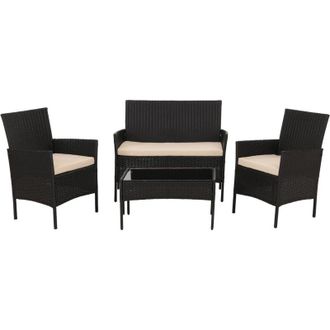 Hhg Ensemble de jardin en poly rotin 069, ensemble de salon, m&eacute;tal verre tissu/textile (180g/m&sup2;), anthracite, coussins creme
