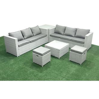 Fimous Fimous Gartenm&ouml;bel im Freien Polyrattan 8-Sitzer Rattan Garten Sofa Set mit 2 kleinen Hockern Beistelltisch Hellgrau gemischt