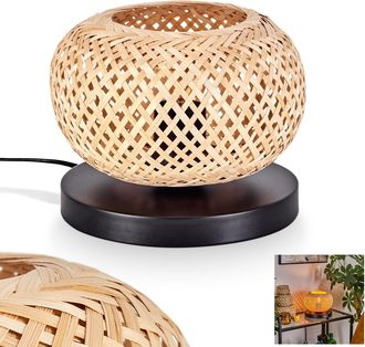 HOFSTEIN Tischleuchte Bauro, moderne Boho Tischlampe aus Metall/Bambus in Schwarz/Natur, Nachttischlampe mit Schirm in Gitter-Optik (&Oslash; 20cm), An-/Ausschalter a