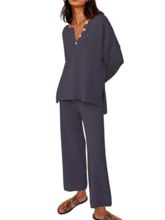 Generic Ensemble chandail 2 pi&egrave;ces pour femme, coupe d&eacute;contract&eacute;e, pull en tricot &agrave; manches longues et pantalon &agrave; jambe large, rose, taille S, pour le quotidi