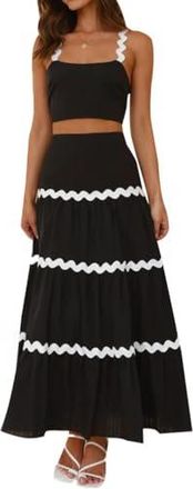 Minetom Femme Jupes Longues 2 Pièces Ensembles sans Manches Haut Crop Top et Maxi Jupe Casual Party Robe Dété Jupe Set A Noir S
