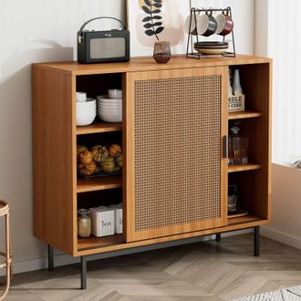 STILVORA Buffet et Enfilade avec 2 Portes Coulissantes en Rotin et 3 &Eacute;tag&egrave;res R&eacute;glables, Style Campagne, en Panneau de Particules, 100&times;37&times;90 cm, Noyer