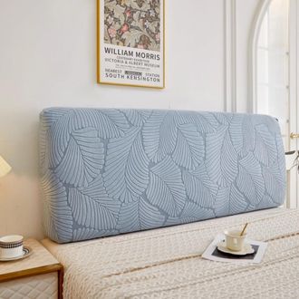 Generic Vintage Stretch Bettkopfteil Bezug Staubdichter Polsterbezug im europ&auml;ischen Stil mit gepr&auml;gtem Kopfteil Bezug Retro Muster Blatt - Blau 190-210CM/(75