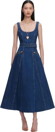 Self Portrait Femme, Robes, Bleu, Taille: 38 FR Robe Midi en Denim avec Ceinture