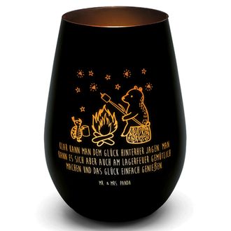 Mr. & Mrs. Panda Gold Windlicht B&auml;r & Marienk&auml;fer Lagerfeuer - Geschenk, Teddyb&auml;r, Windlicht aus Glas, Teddy, Kerze, Graviertes Windlicht, Windlicht