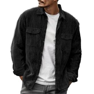 Generic Chemise boutonn&eacute;e en velours c&ocirc;tel&eacute; pour homme - Style d&eacute;contract&eacute; - Manches longues - Avec poches &agrave; rabat, Noir, XXL