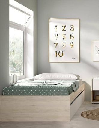 Dmora Einzelbett Casarole, Struktur des Lagerbetts, Sommier mit Abdeckung, Bettrahmen aus Stoff, 96x195 h40 cm, Eiche und Wei&szlig;