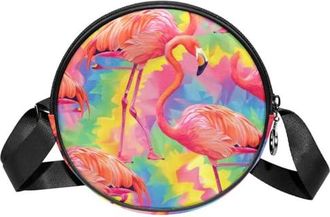 Generic Sac &agrave; bandouli&egrave;re rond pour femme, motif flamants roses, petit sac &agrave; bandouli&egrave;re avec fermeture &eacute;clair, bretelles r&eacute;glables, sac &agrave; main rond d&eacute;contrac