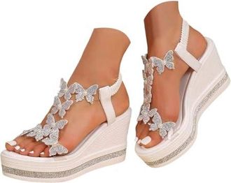 Generic Sandales d&eacute;t&eacute; confortables pour femme avec sangle &eacute;lastique et strass - Bout ouvert - Sandales plates d&eacute;contract&eacute;es &agrave; bout ouvert - Sandales compens&eacute;e