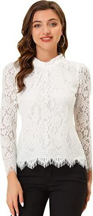 Allegra K Chemisier en Dentelle Femme Col Ronde &agrave; Volants Chemise &agrave; Manches Longues Floral Haut &Eacute;l&eacute;gant Blanc M
