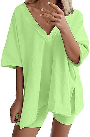 Generico Lot de 2 t-shirts de grande taille pour femme avec encolure en V et manches courtes, coupe d&eacute;contract&eacute;e, vert, XL