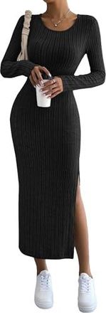 Ever-pretty Robe Tricotée Femme Col Rond Fendu Moulante Automne et Hiver Robe Pull Noir XL