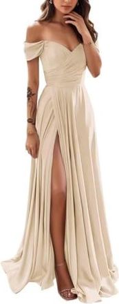 Generic Robe de bal en satin à épaules dénudées avec fente pour adolescentes, robe de demoiselle dhonneur longue plissée, champagne, 50 Grande taille