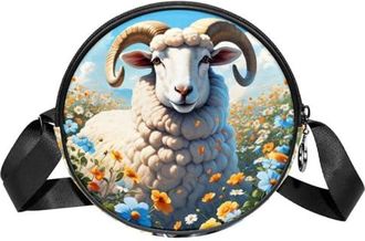 Generic Sac &agrave; bandouli&egrave;re rond pour femme, motif fleur de mouton, petit sac &agrave; bandouli&egrave;re avec fermeture &eacute;clair, bretelles r&eacute;glables, sac &agrave; main rond d&eacute;contra