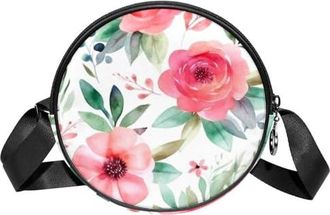 Generic Petit sac &agrave; bandouli&egrave;re circulaire pour femme, motif feuilles florales, sac &agrave; dos avec fermeture &eacute;clair, bretelles r&eacute;glables, sac &agrave; main rond d&eacute;contra