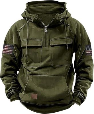 Generic Sweat à capuche cargo pour homme - Polaire unie demi-fermeture éclair imprimé drapeau sweat à capuche manches longues cordon de serrage poche kangouro