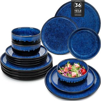 VANCASSO Geschirrset 12 Personen modern, vancasso STARRY 36 teiliges Steingut Geschirr Set, Teller Set Blau, Tafelservice 12 Personen, Inklusive Speiseteller, 