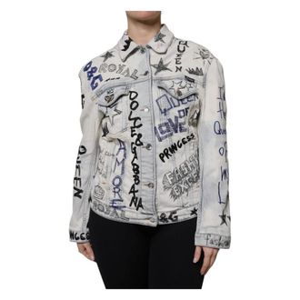 Dolce & Gabbana Femme, Vestes, Bleu, Taille: 36 FR Veste en jean bleu clair à graffiti