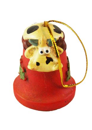 Paolo Chiari Dekorative Weihnachtsglocke, rot, aus Marmorharz, handbemalt mit Kuh, hergestellt in Italien, Weihnachtsbaumschmuck (Alice Lieges)