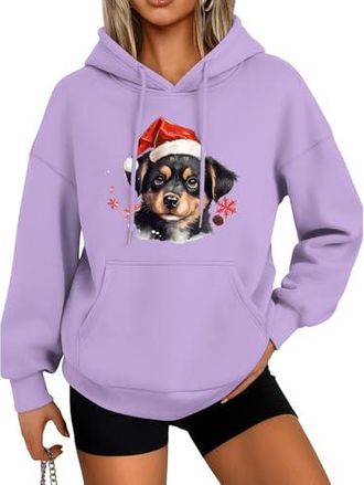 Generic Sweat &agrave; capuche imprim&eacute; graphique pour femme, chien de No&euml;l | Sweat &agrave; capuche d&eacute;contract&eacute; &agrave; manches longues pour les vacances dautomne - pour le voyag