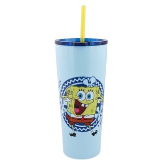 Silver Buffalo Spongebob Happy Floral Doppelwandiger Edelstahlbecher mit Strohhalm, 625 ml