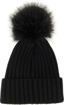 Moncler Ribbed Wool with Fur Pompom Beanie - Black