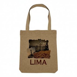 Fabulous Sac Shopping Tote Bag Aspect Lin - Lima Collage P&eacute;rou Carte Postale Voyage - Sac de Courses Toile Epaisse 360g Beige Naturel Cabas Port&eacute; Epaule Solide