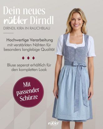 N&uuml;bler Trachtenkleid Mididirndl Kira in Rauchblau - Rockl&auml;nge 65 cm