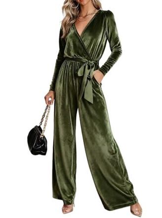 Minetom Combinaison Femme Chic Col V Velours Jumpsuit Une Pi&egrave;ce Tenue Manches Longues Soir&eacute;e F&ecirc;te Overall avec Ceinture A Vert XXL