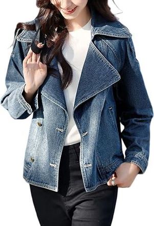 Generic Veste en jean courte et oversize pour femme, col &agrave; revers, blazer en denim crois&eacute;, veste tendance printemps-automne, v&ecirc;tement dext&eacute;rieur d&eacute;contract&eacute;, 