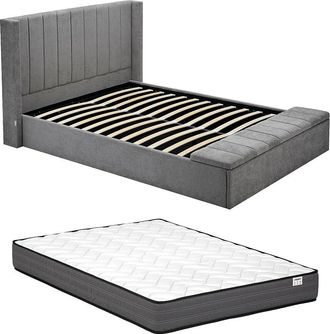 Vente-Unique Lit coffre 140 x 190 cm Avec Banc - Tissu - Gris + Matelas - DOUINO