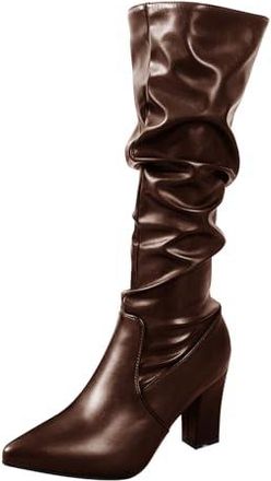 Generic Bottes Hautes Femme &agrave; Talon Bloc Cuir PU Pliss&eacute; Bottes Tendance dHiver Bout Pointu &Agrave; Talons Hauts Chic et Elegant Chaussures L&eacute;g&egrave;res D&eacute;contract&eacute;e 38