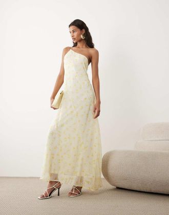 Vila Maxikleid in Gelb mit Bl&uuml;mchenmuster und One-Shoulder-Tr&auml;ger