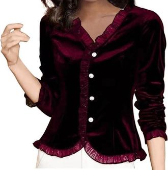 Generic Sous-v&ecirc;tements thermiques &agrave; manches longues - Chemise unie en velours dor&eacute; - Pour femme - Automne et hiver - Style ext&eacute;rieur - Col en V - Veste chaude