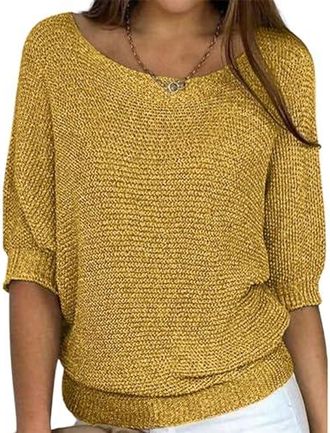 Generic Ideacloth - Chandail léger et décontracté à manches 3/4 pour femme, pull surdimensionné à coupe ample, haut en tricot décontracté, jaune, M
