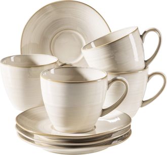M&auml;ser Serie Nottingham, Vintage Kaffeetassen Set f&uuml;r 4 Personen, Untertassen mit unregelm&auml;&szlig;igen Rundungen im Retro Look, Steinzeug, Beige