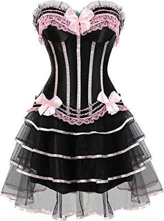 Grebrafan Corset à Rayures et Jupe Tulle Femme Ensemble Bustier Burlesque (EUR(42-44) 3XL, Rose)